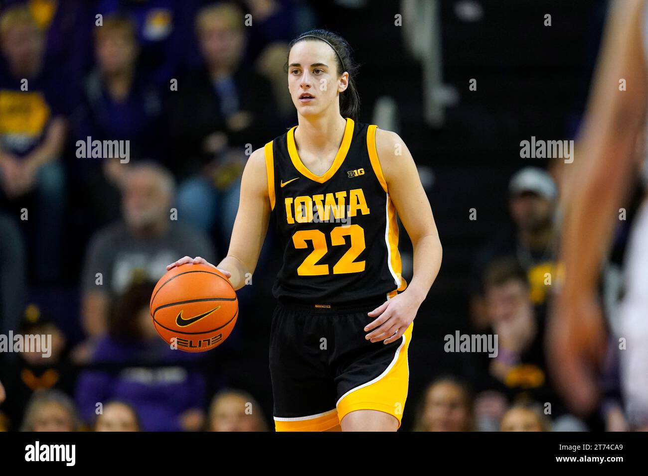Iowa guard Caitlin Clark (22) drives up court during the second half of ...