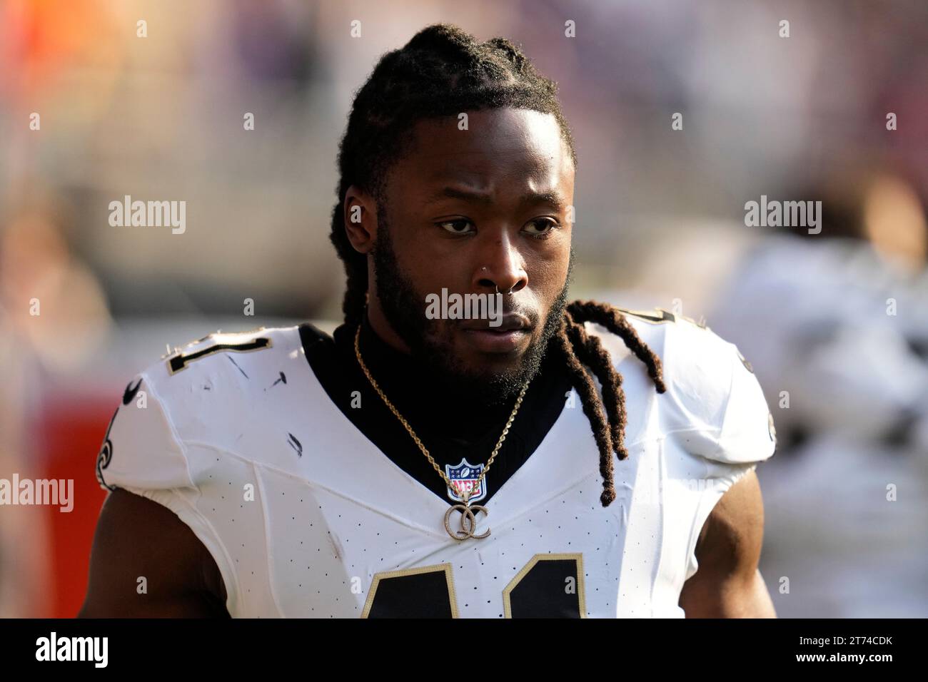 New Orleans Saints running back Alvin Kamara (41) looks on before an ...