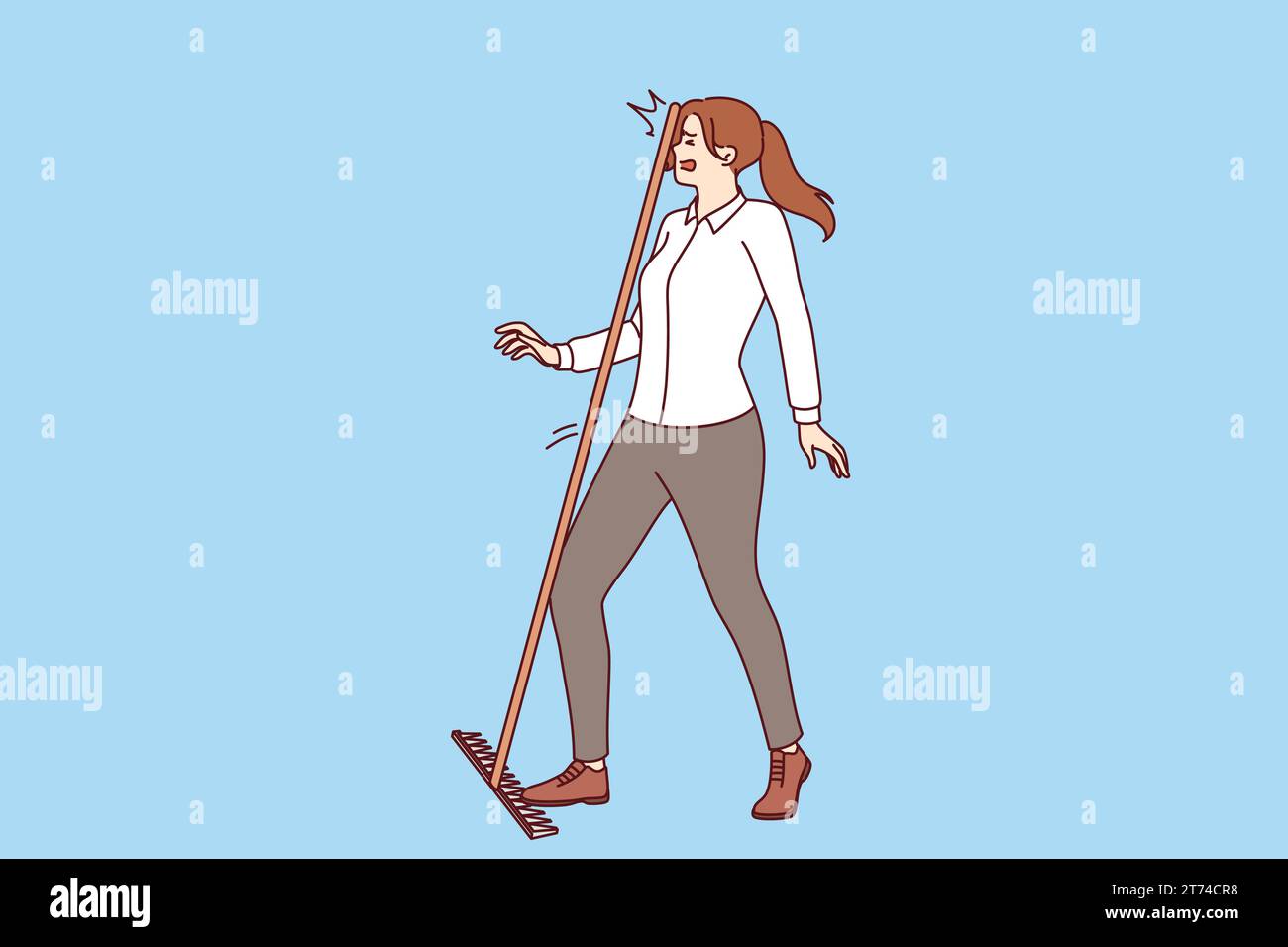 Business woman steps on rake and gets hit on head, demonstrating ...