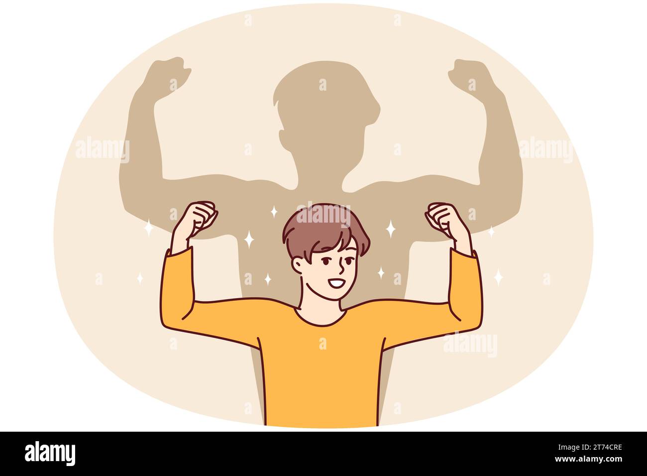 Smiling boy child show muscles dream of becoming big and strong. Happy ...