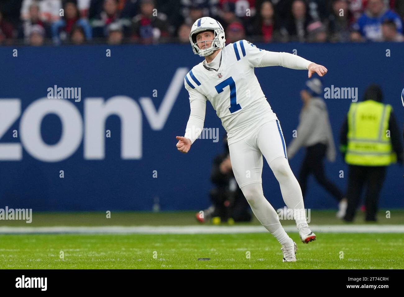 Indianapolis Colts place kicker Matt Gay (7) follows through on his ...