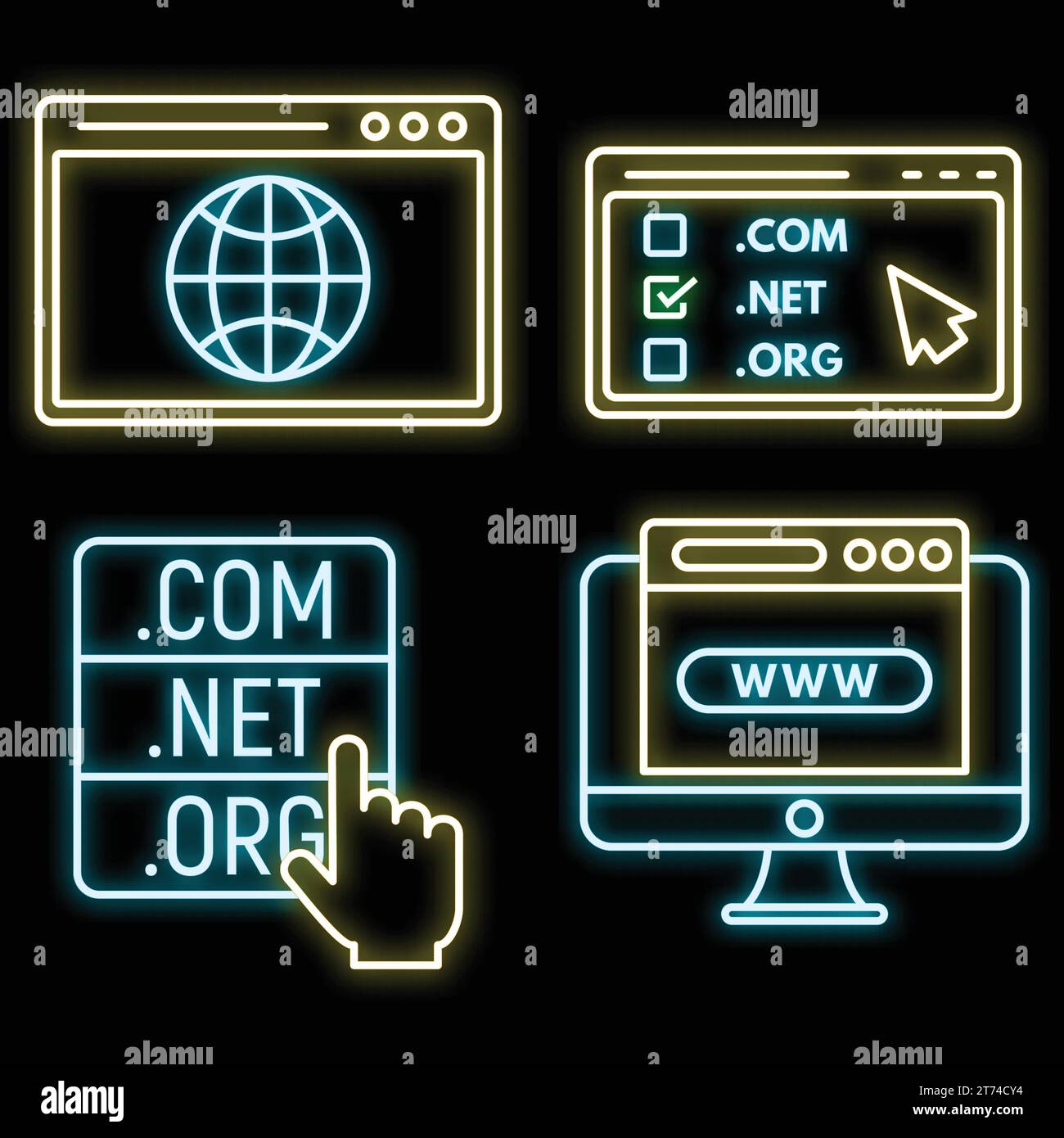 Web domain icons set. Outline set of web domain vector icons neon color on black Stock Vector ...