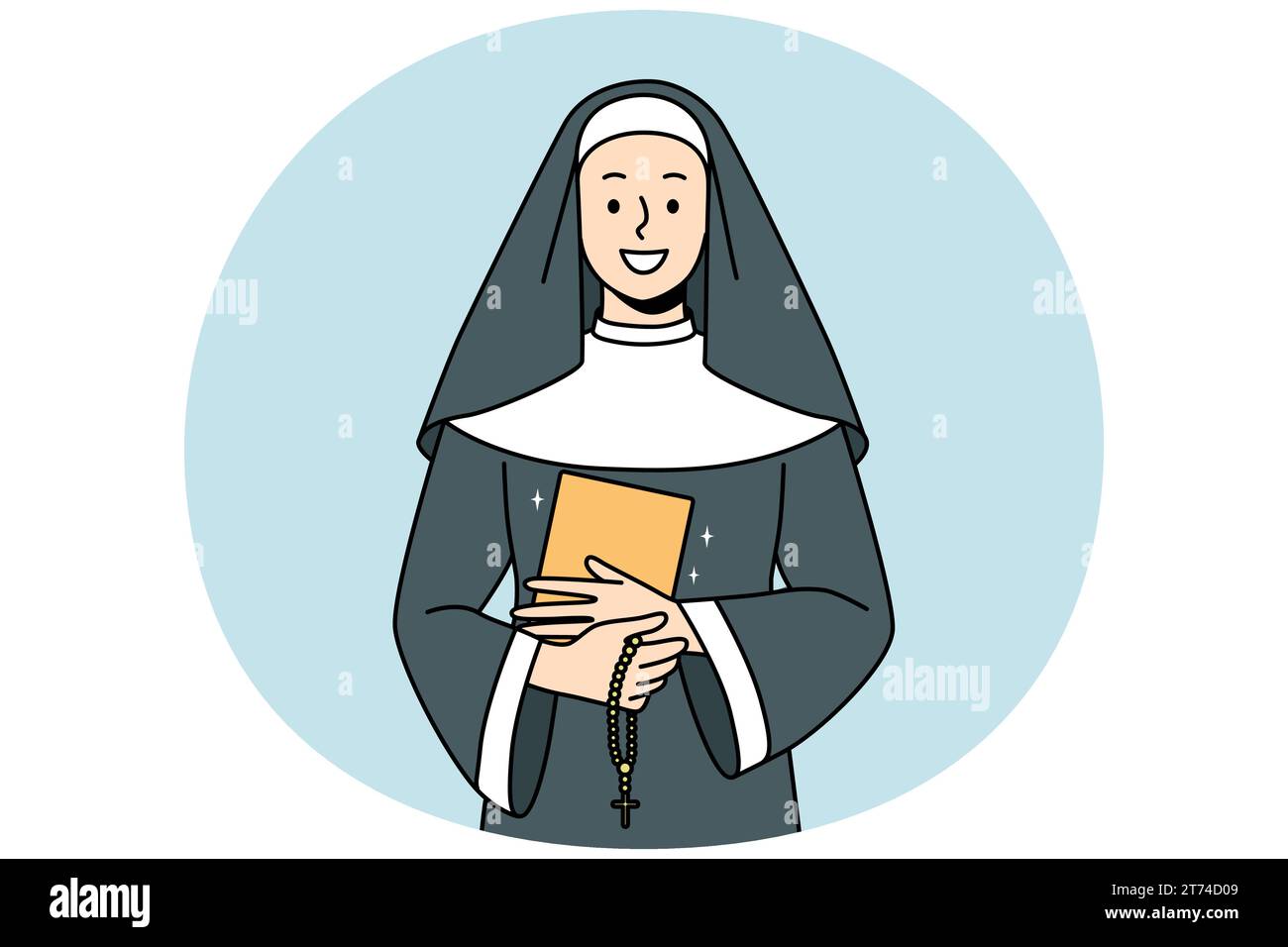 Smiling nun in traditional robe holding bible and rosary in hands ...