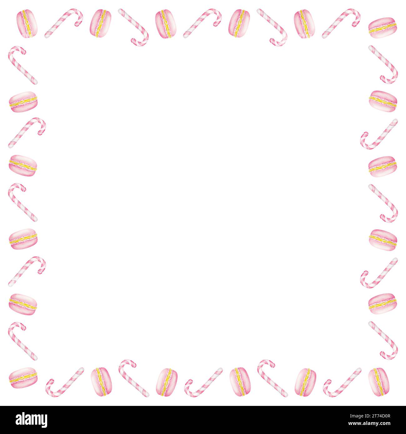 Pink New Year's candy canes, macarons. Watercolor hand drawn square ...