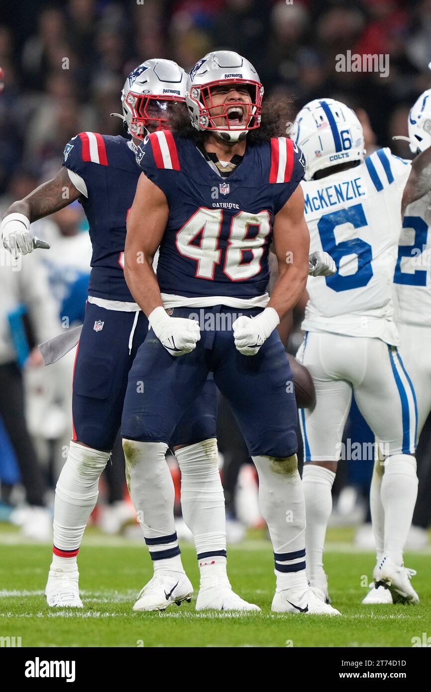 New England Patriots linebacker Jahlani Tavai (48) reacts after a play ...