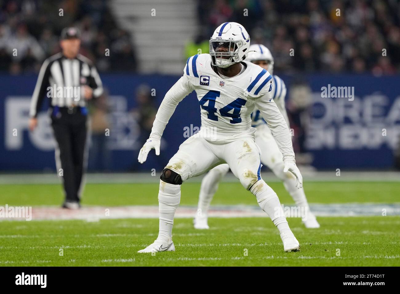 Indianapolis Colts linebacker Zaire Franklin (44) in action during an NFL football game between ...