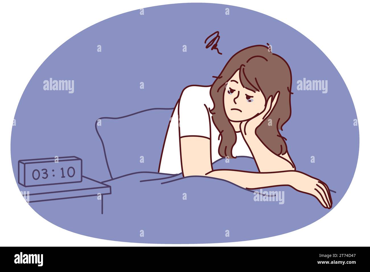 Tired woman sit in bed look at alarm ringing suffer from fatigue and ...