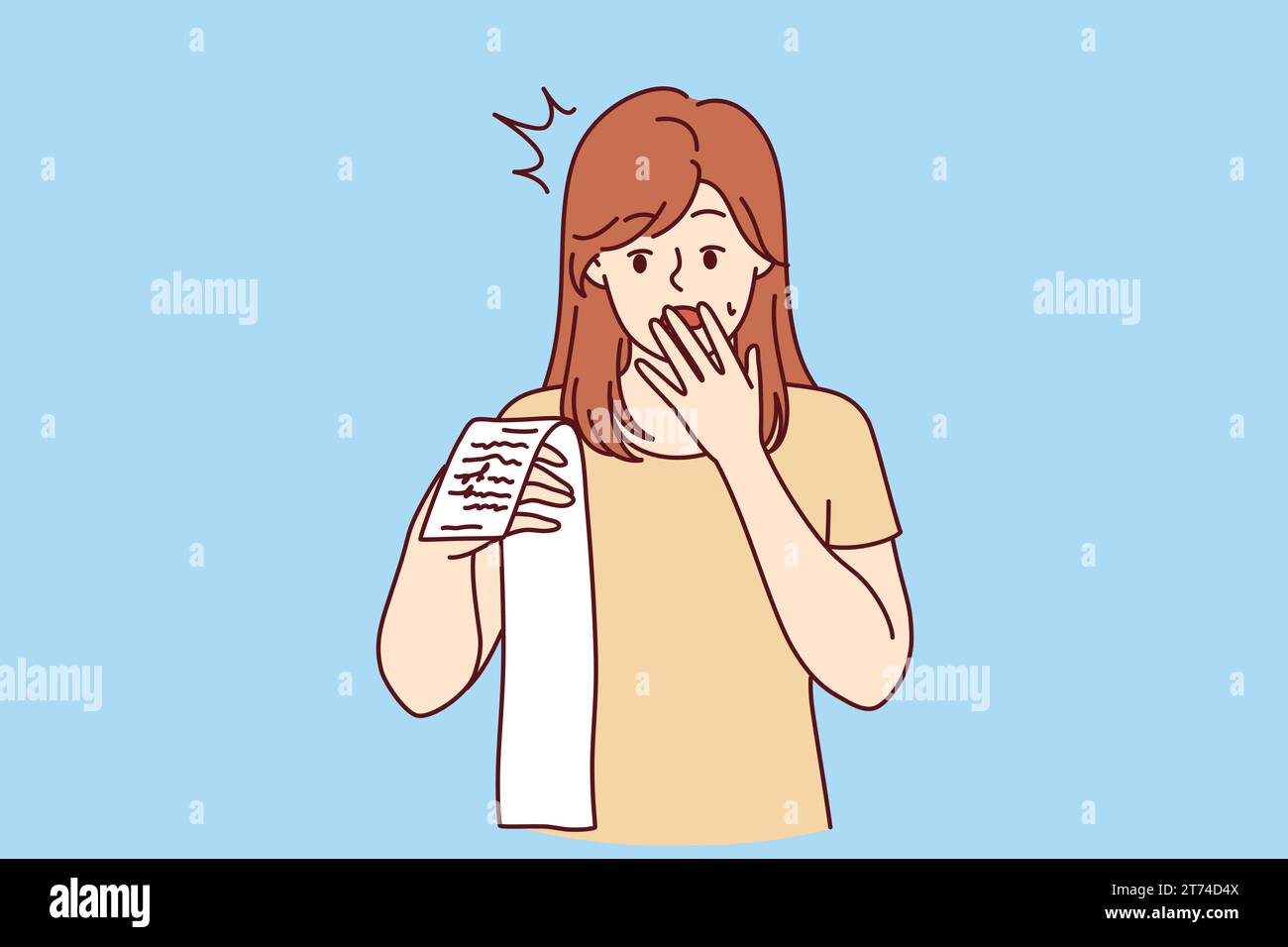 Shocked woman holds receipt with purchase price and is amazed at size ...