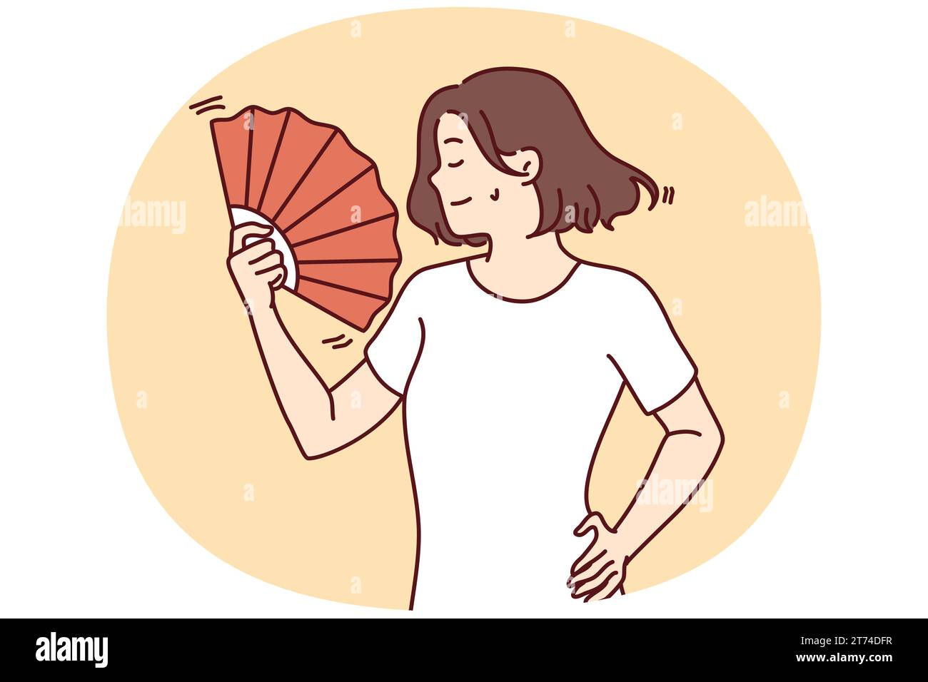 Young woman suffer from hot weather wave with hand fan. Unwell female ...