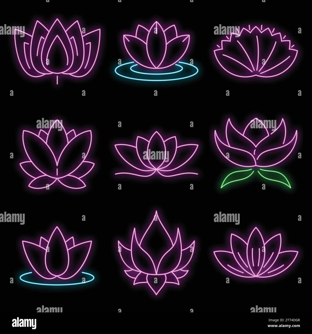 Lotus icons set. Outline set of lotus vector icons neon color on black ...