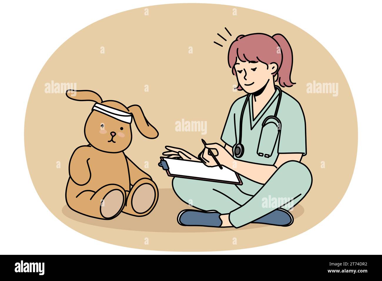 Smiling little girl in medical uniform cure teddy bear. Happy child ...