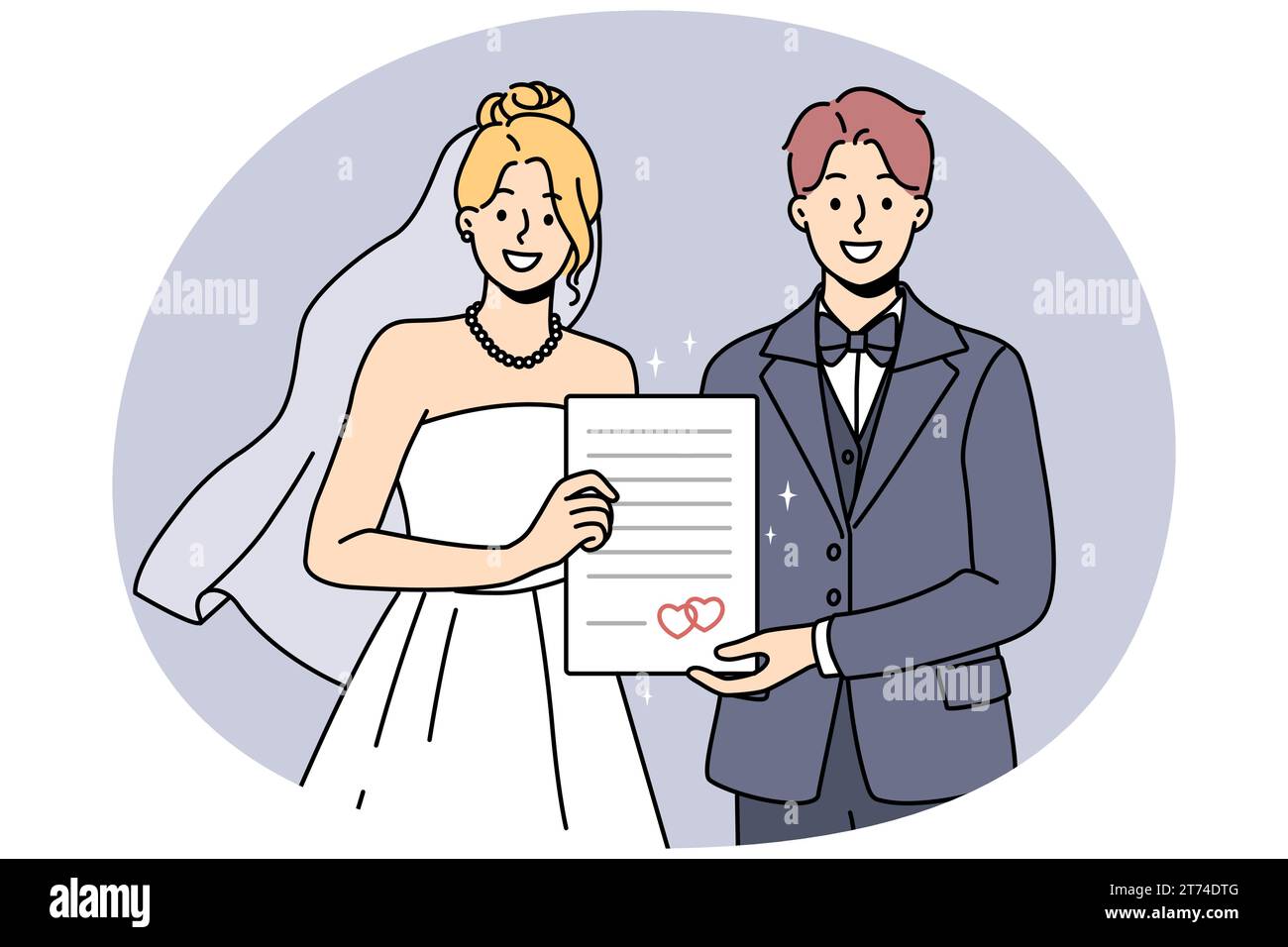 Smiling bride and groom holding marriage certificate excited about ...