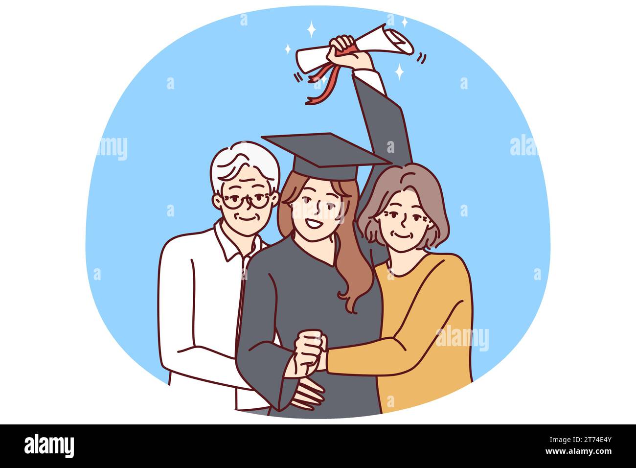 Happy elderly parents hug excited daughter in graduation mantle holding ...