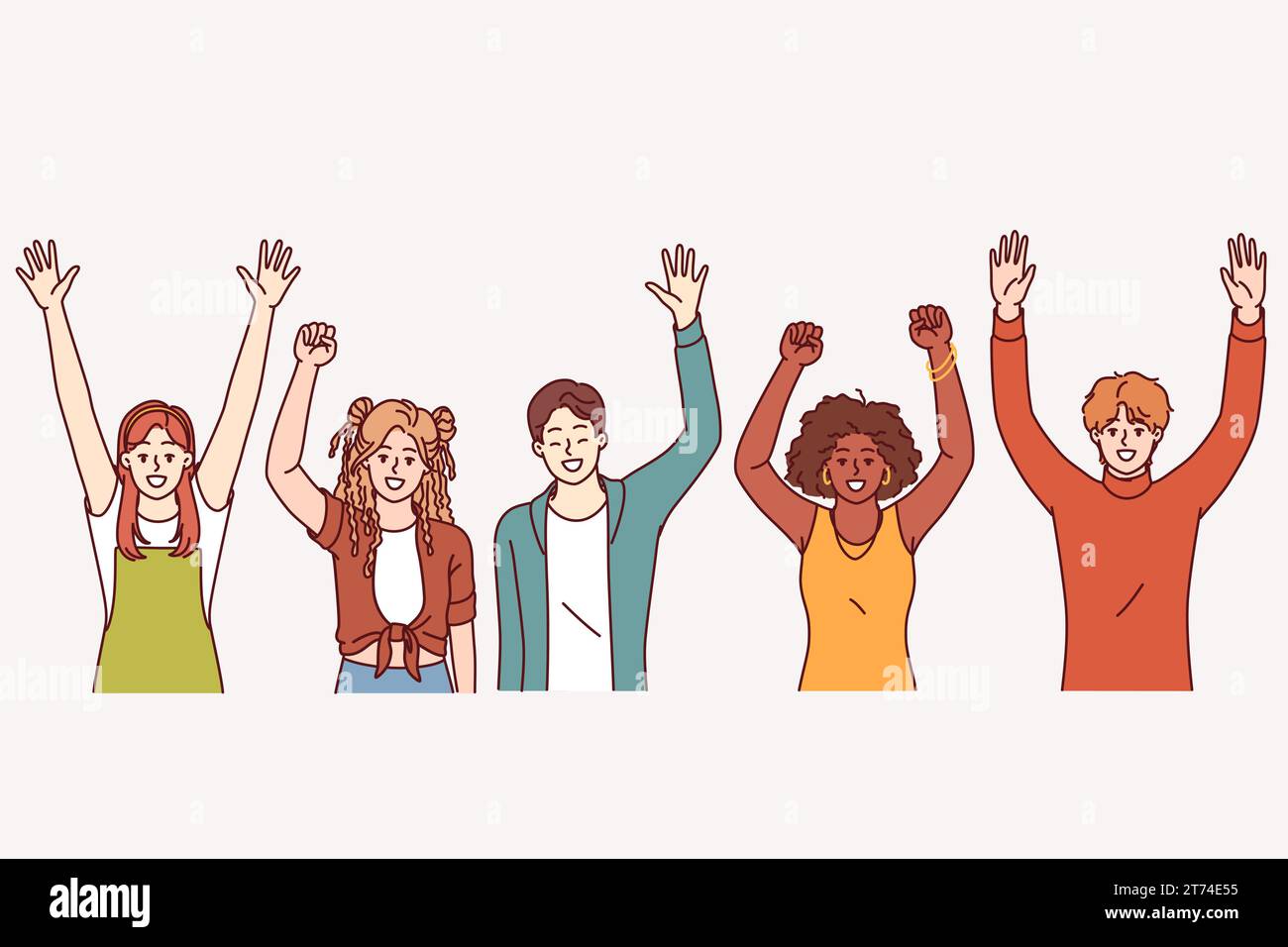 Group of children waving and celebrating start of school year and ...