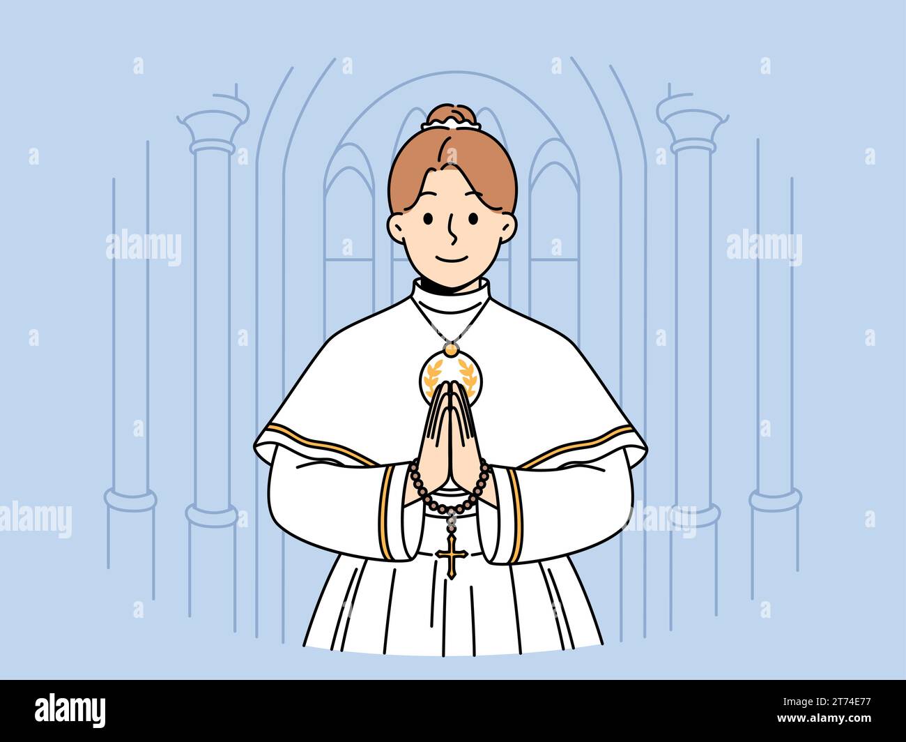 Little catholic girl takes part in first holy communion and stands in ...