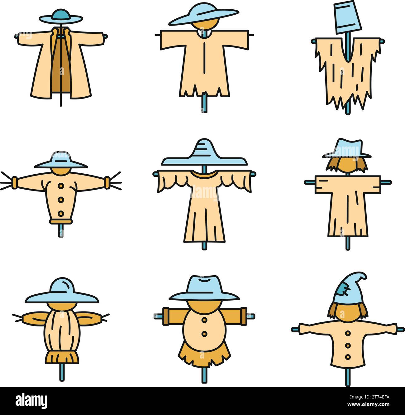 Farm scarecrow icons set. Outline set of farm scarecrow vector icons ... Farm scarecrow icons set. Outline set of farm scarecrow vector icons ...