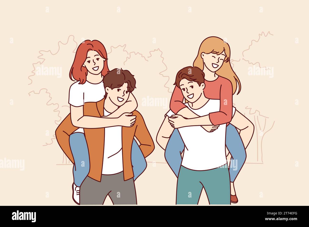 Happy teenagers boys give girls piggyback ride while walking through ...