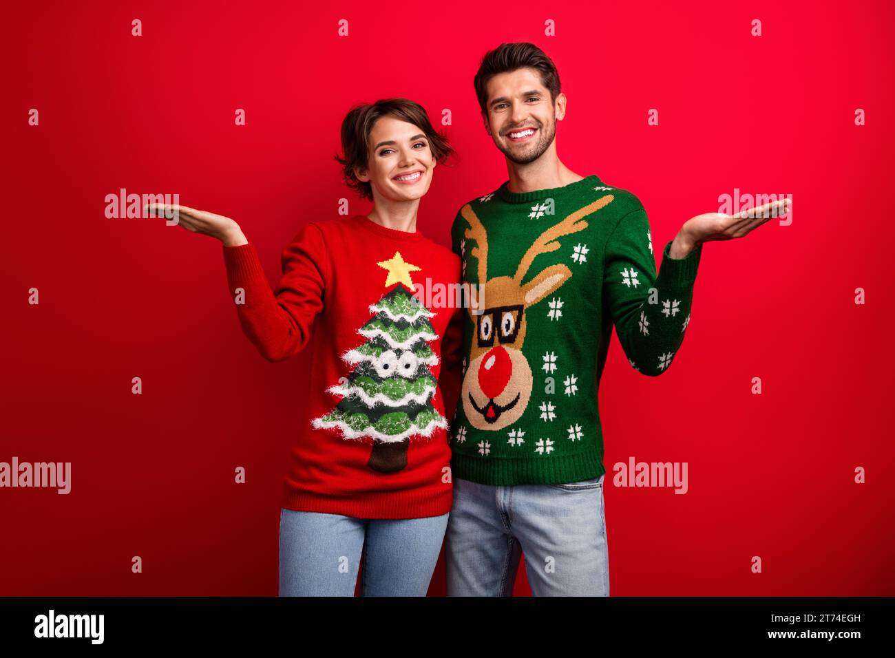 Portrait of positive nice partners arms palms hold demonstrate empty ...