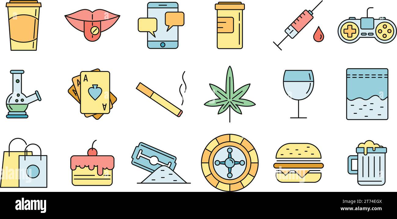 Addiction icons set. Outline set of addiction vector icons thin line ...