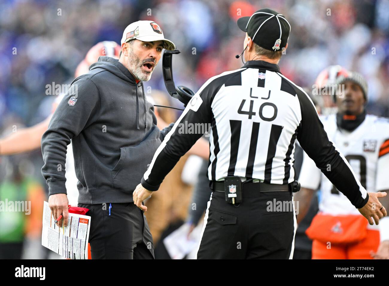 Cleveland Browns head coach Kevin Stefanski argues a delay of game ...