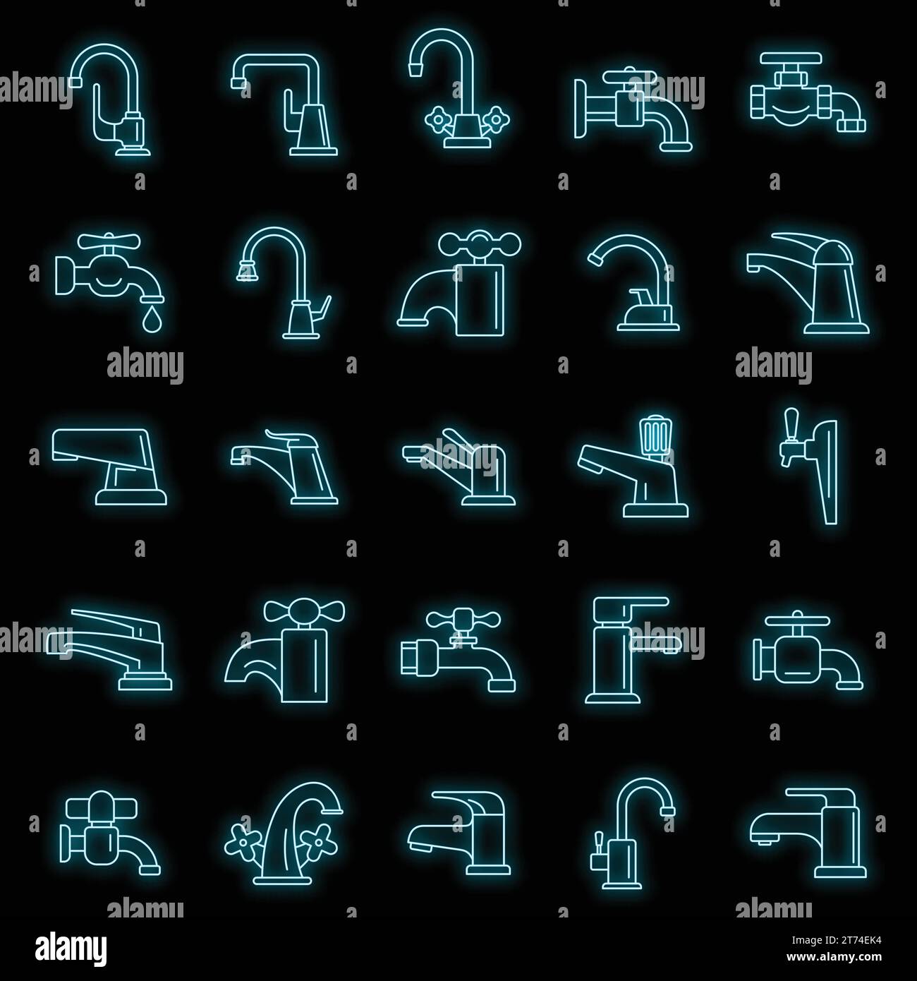 Water faucet icons set. Outline set of water faucet vector icons neon ...