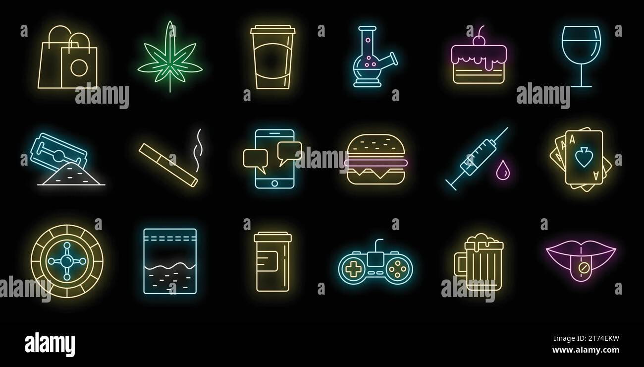 Addiction icons set. Outline set of addiction vector icons neon color ...