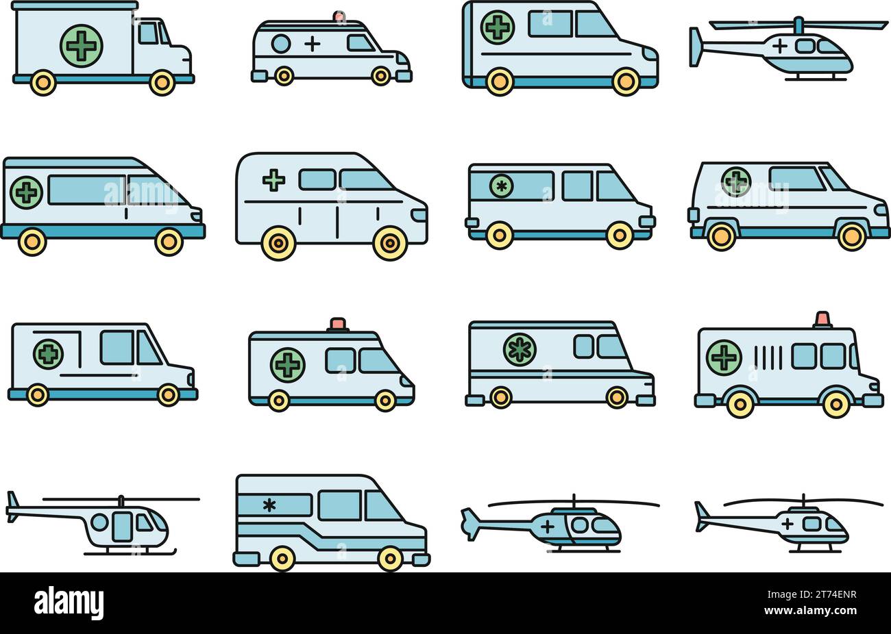 Rescue ambulance icons set. Outline set of rescue ambulance vector icons thin line color flat on ...
