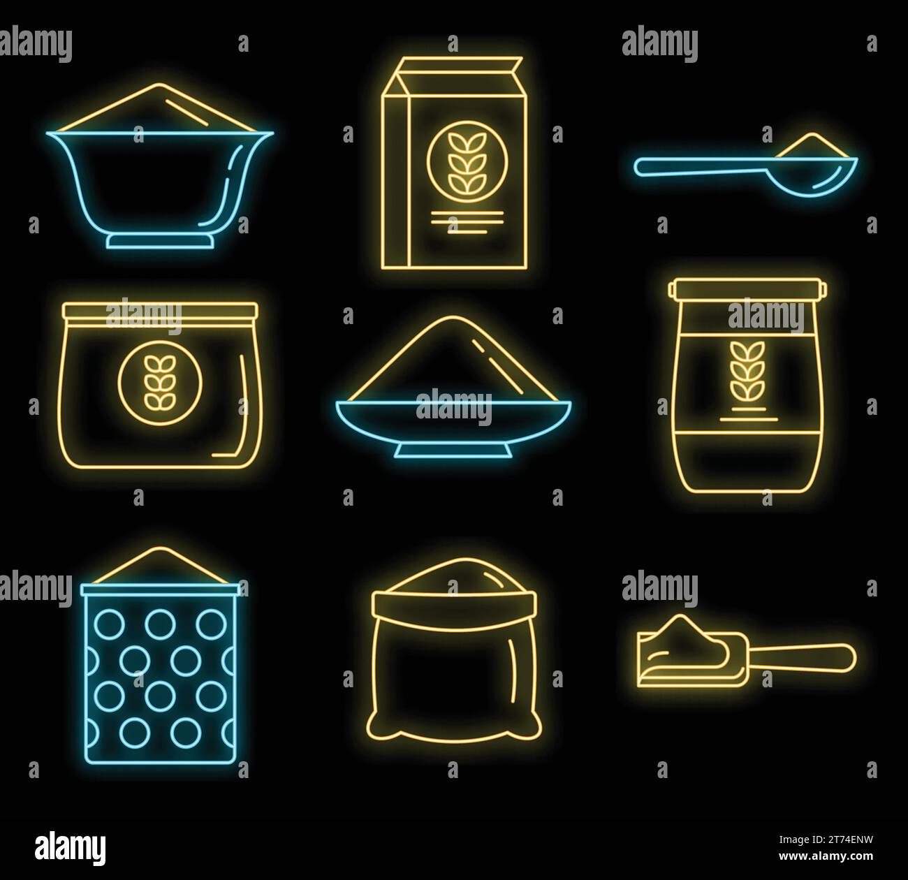 Flour product icons set. Outline set of flour product vector icons neon ...