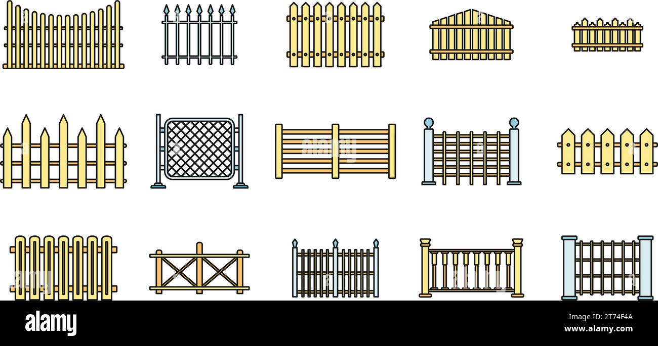 Garden fence icons set. Outline set of garden fence vector icons thin ...