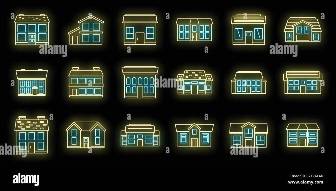 Cottage house icons set. Outline set of cottage house vector icons neon ...