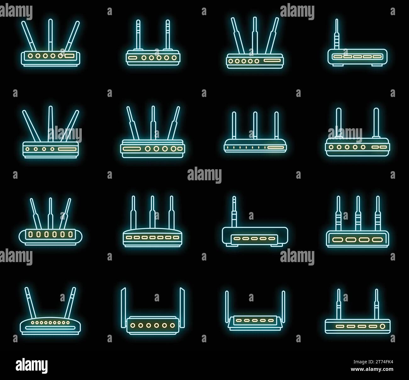 Modern router icons set. Outline set of modern router vector icons neon ...