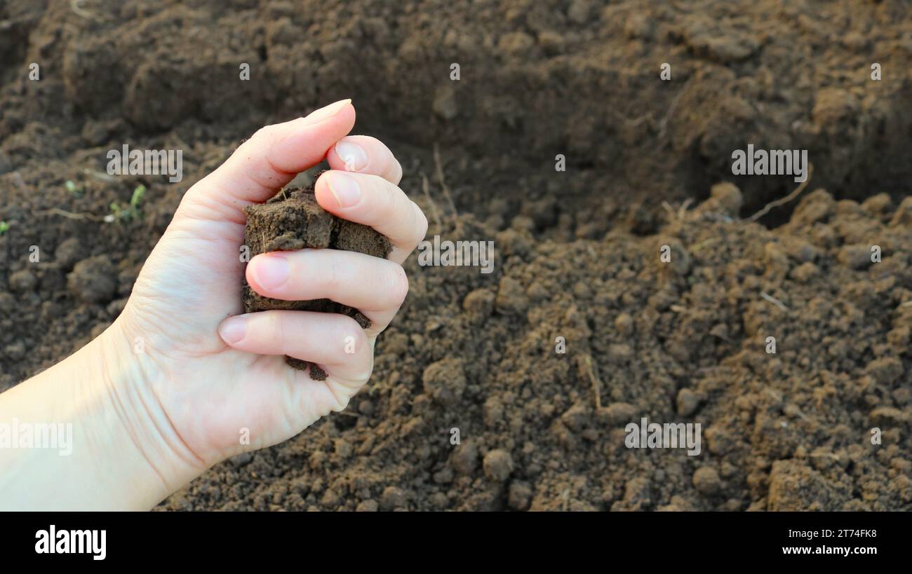 the hand of a white woman squeezes a handful of earth in her fist ...