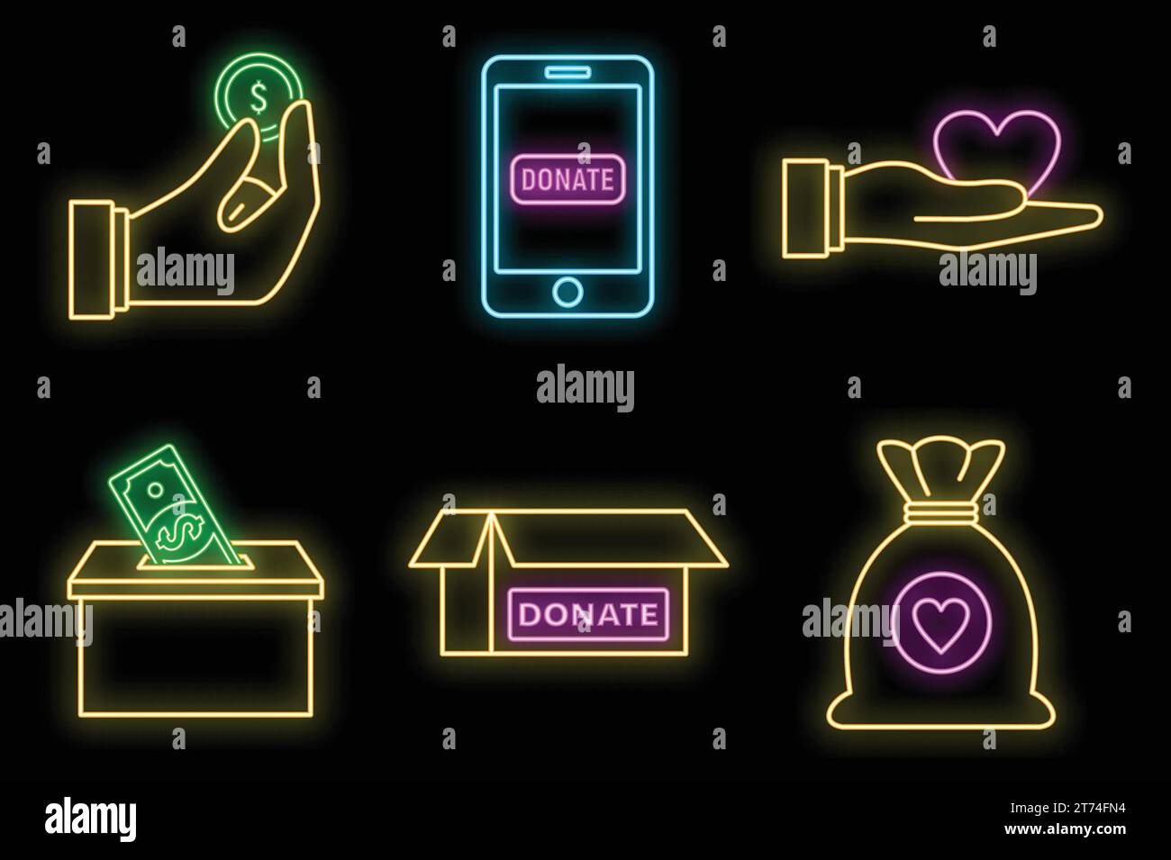 Charity donations icons set. Outline set of charity donations vector icons neon color on black ...