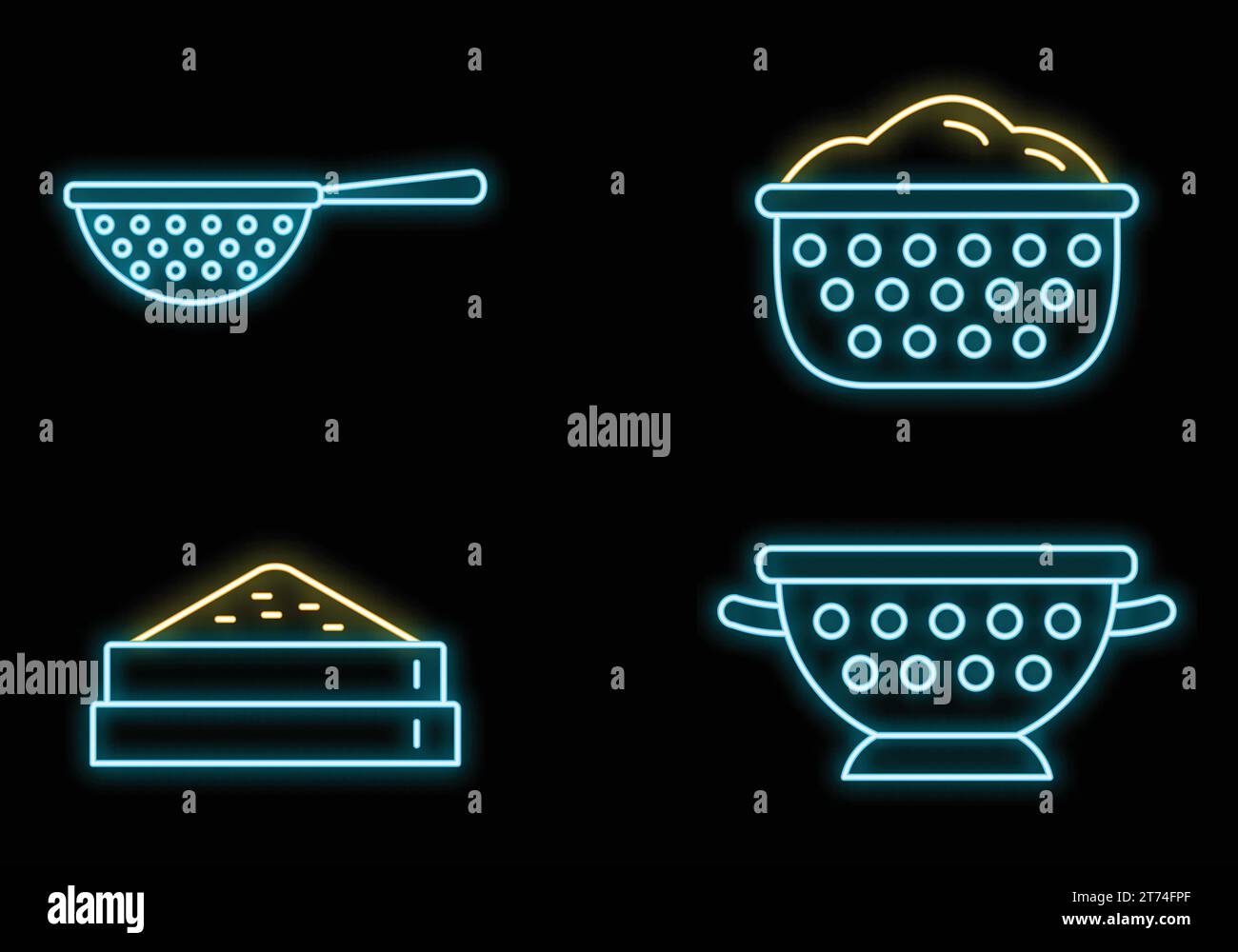 Kitchen sieve icons set. Outline set of kitchen sieve vector icons neon ...
