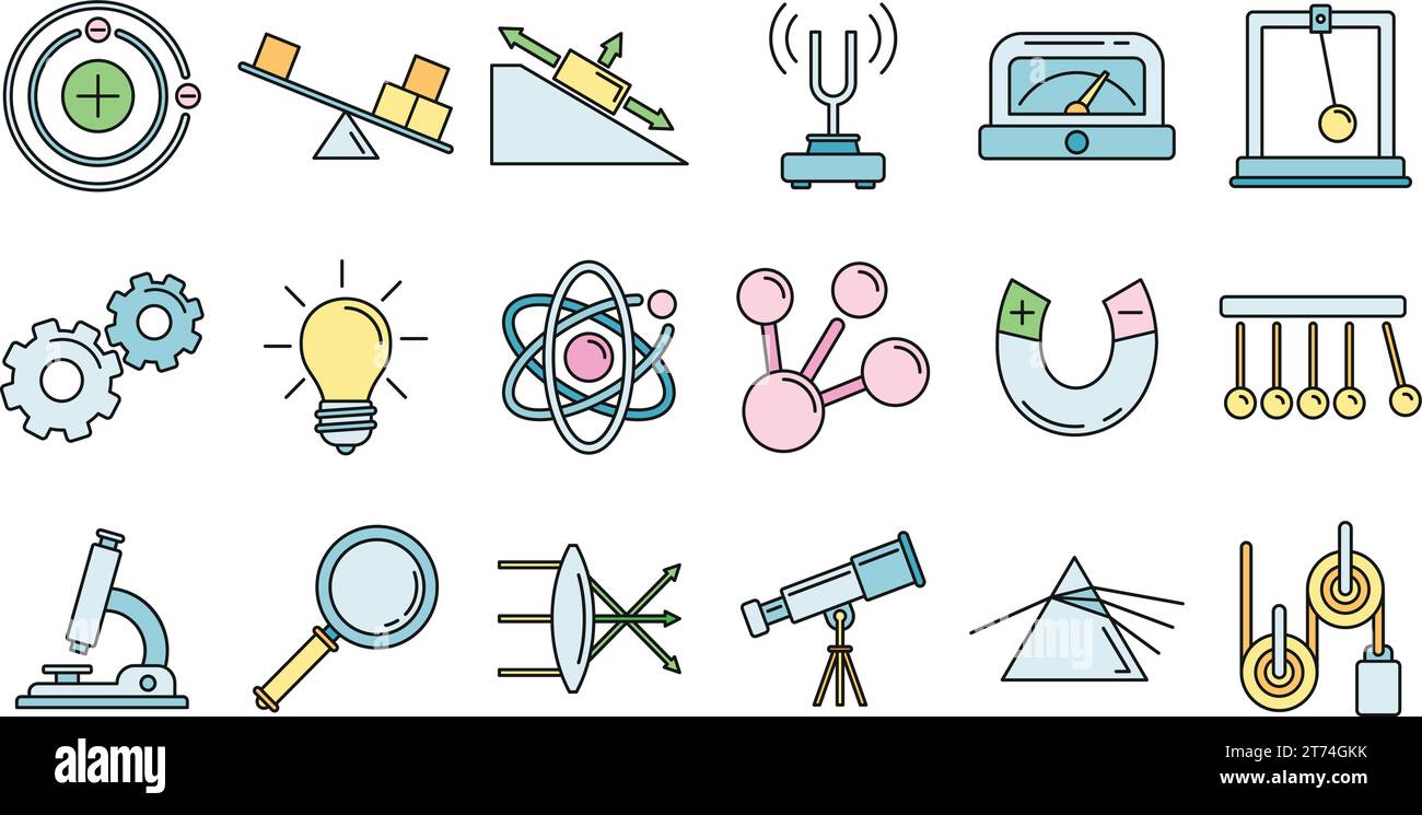 Physics science icons set. Outline set of physics science vector icons ...
