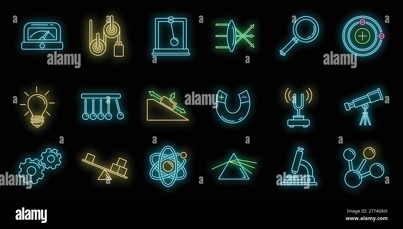 Physics science icons set. Outline set of physics science vector icons ...