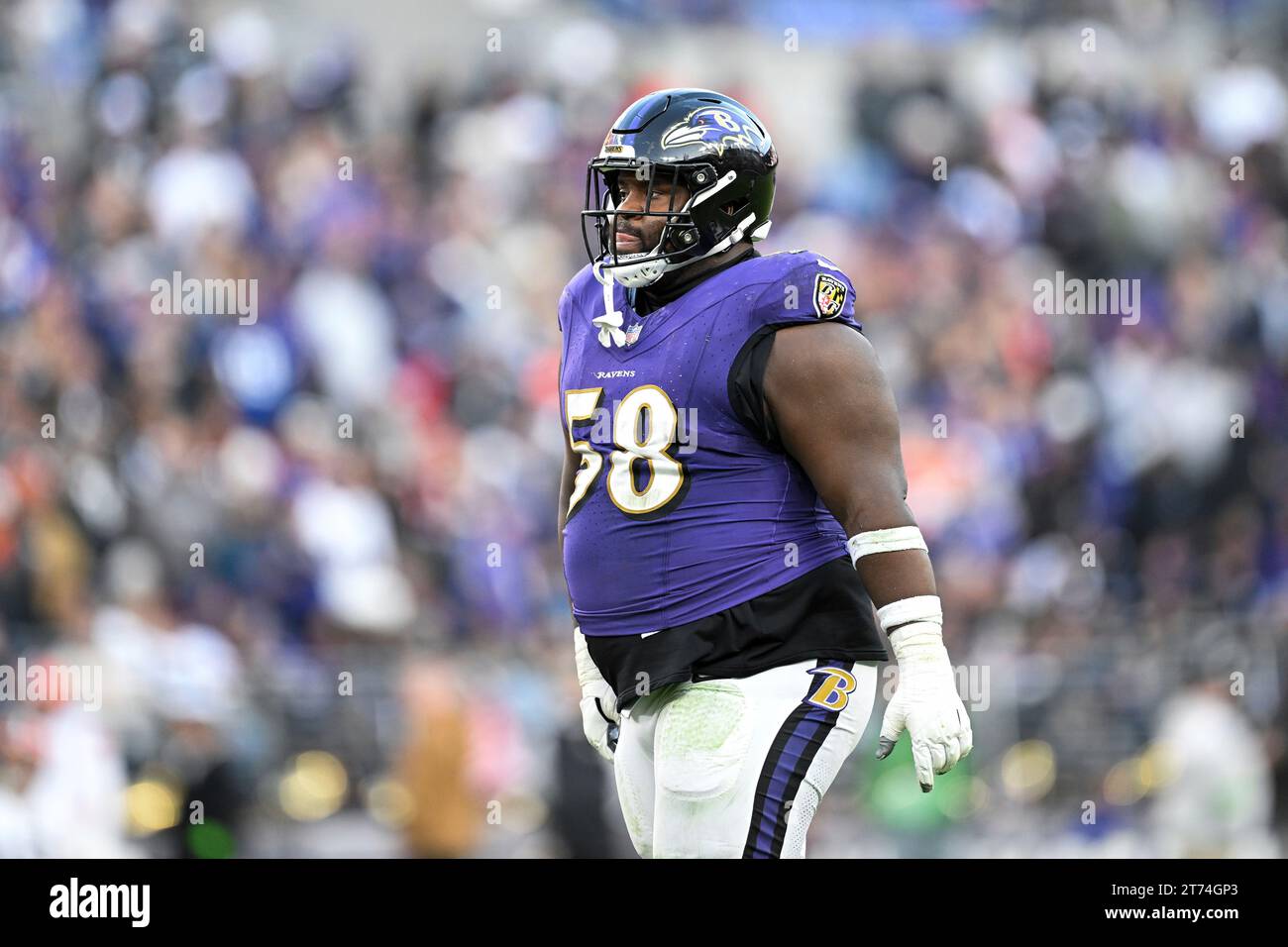Baltimore Ravens defensive tackle Michael Pierce (58) looks on between plays during the second ...