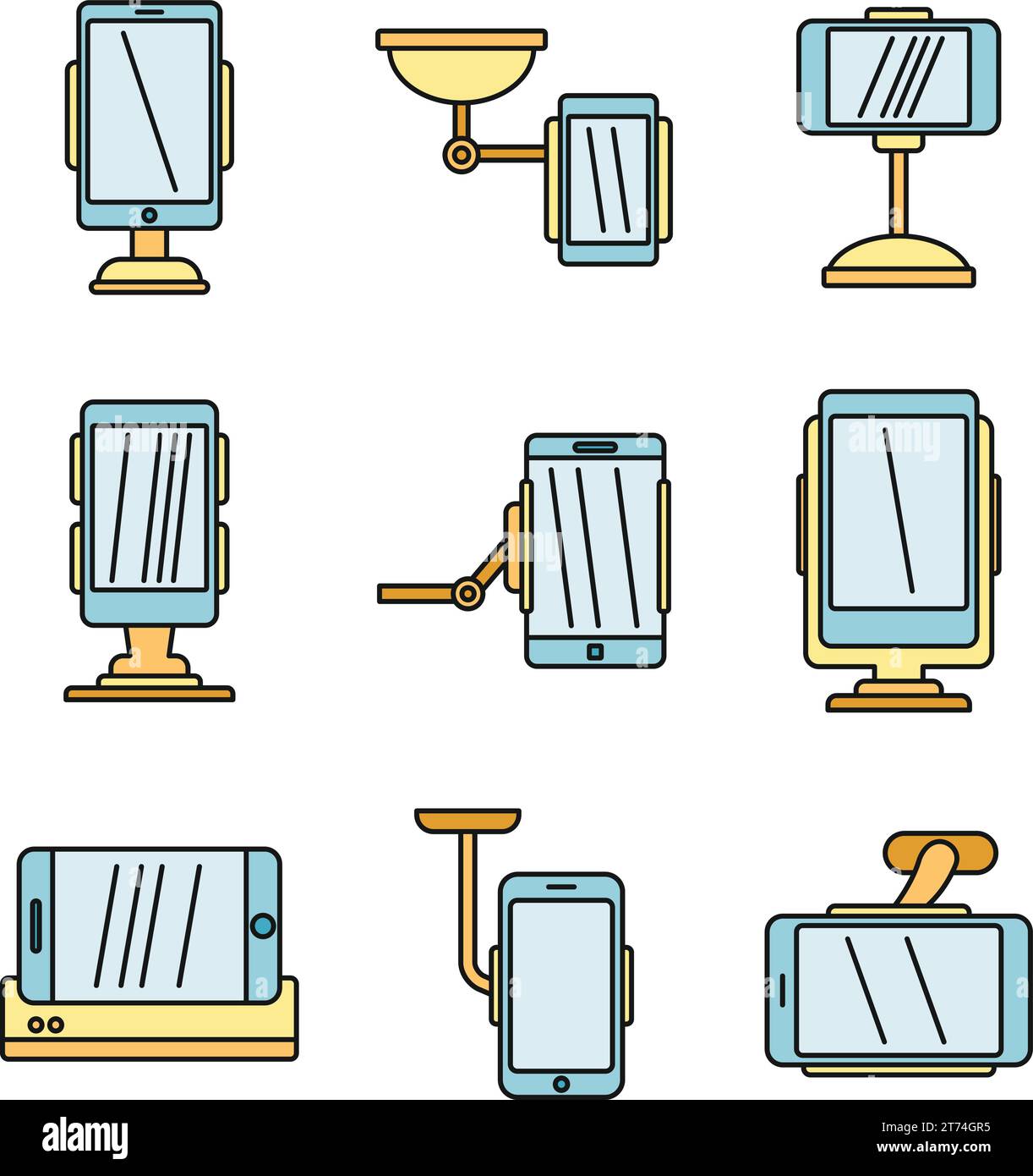 Mobile holder stand icons set. Outline set of mobile holder stand ...