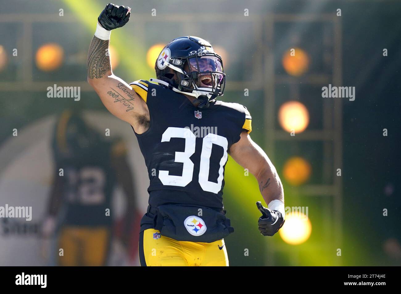 Pittsburgh Steelers running back Jaylen Warren is introduced before an ...