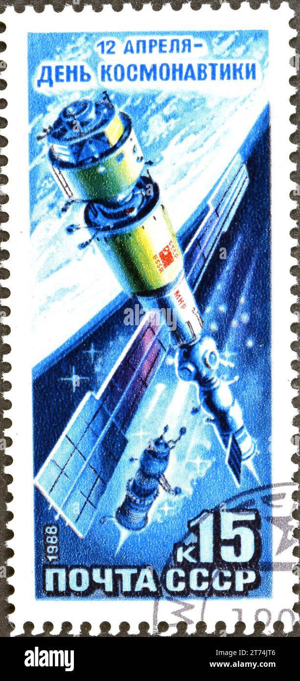 Cancelled postage stamp printed by Soviet Union, that shows Orbital ...