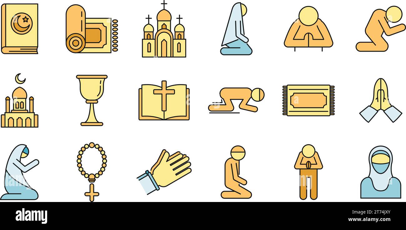Religion prayer icons set. Outline set of religion prayer vector icons ...