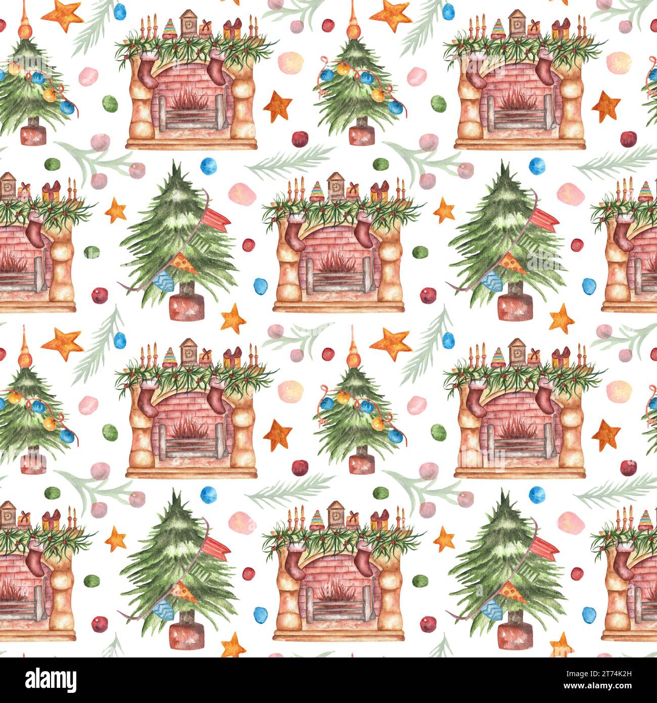Watercolor festive seamless pattern with Christmas interior items ...