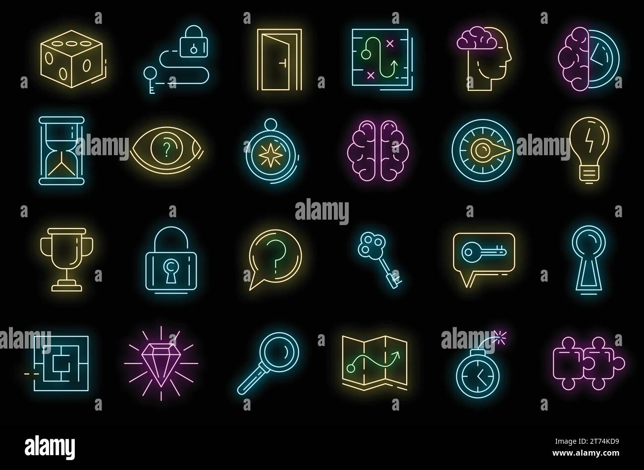 Quest icons set. Outline set of quest vector icons neon color on black ...