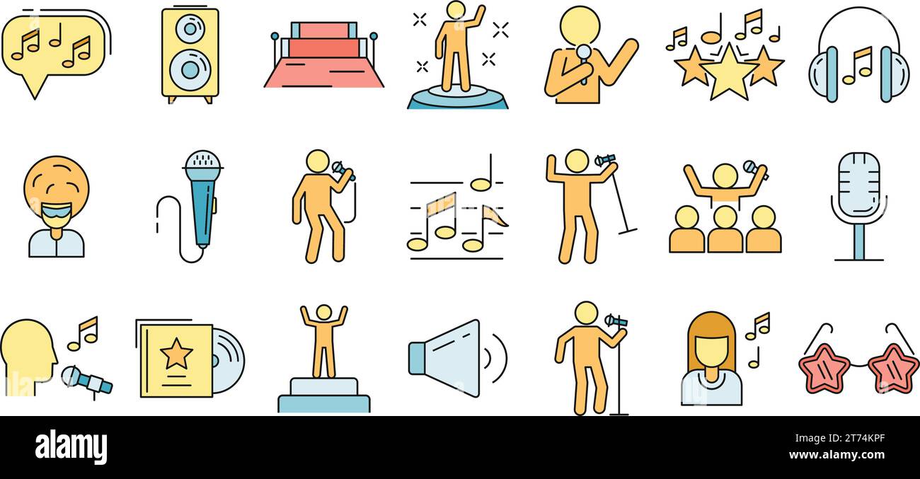 Singer icons set. Outline set of singer vector icons thin line color ...