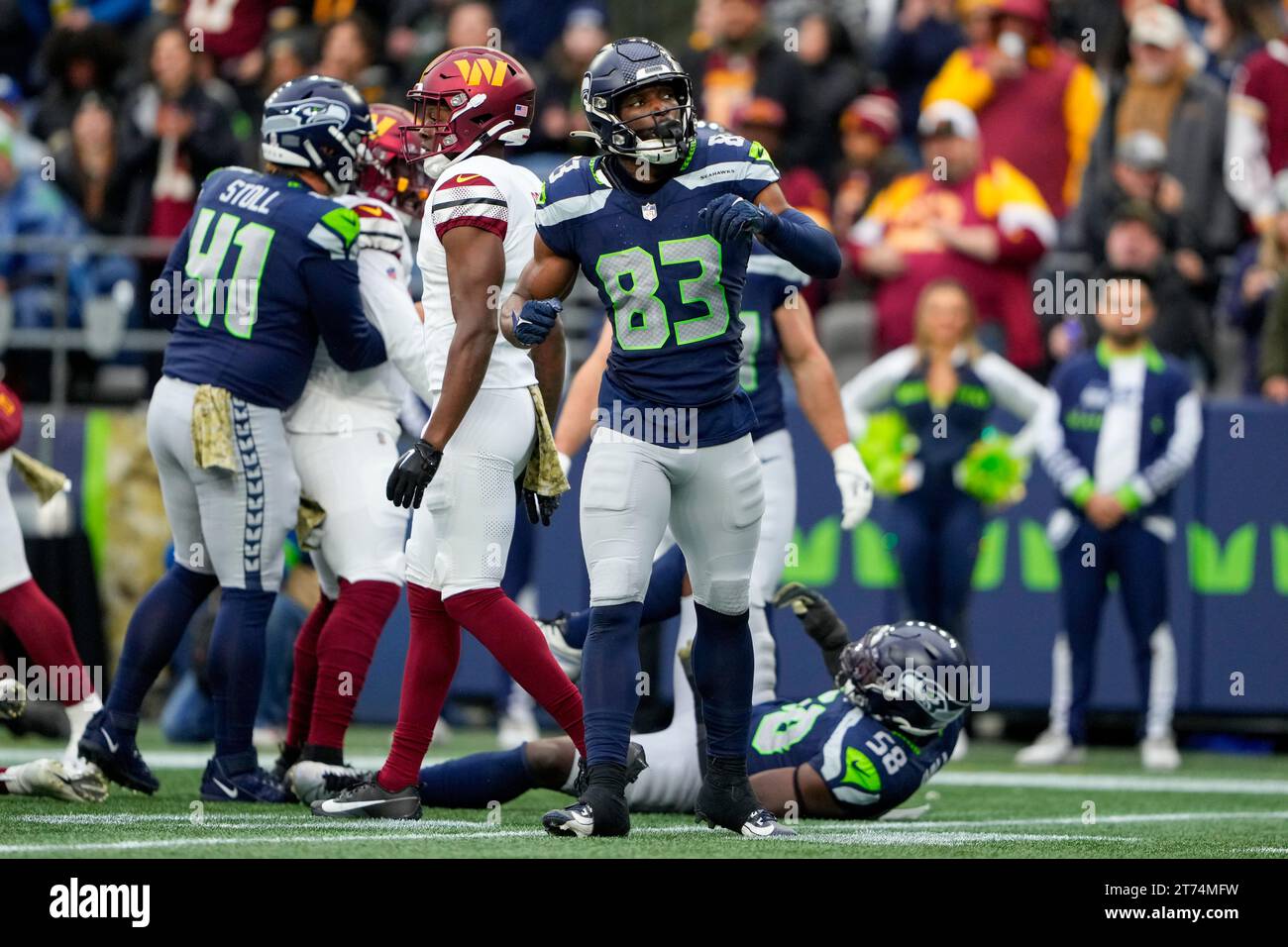 Seattle Seahawks wide receiver Dareke Young walks away after making a ...