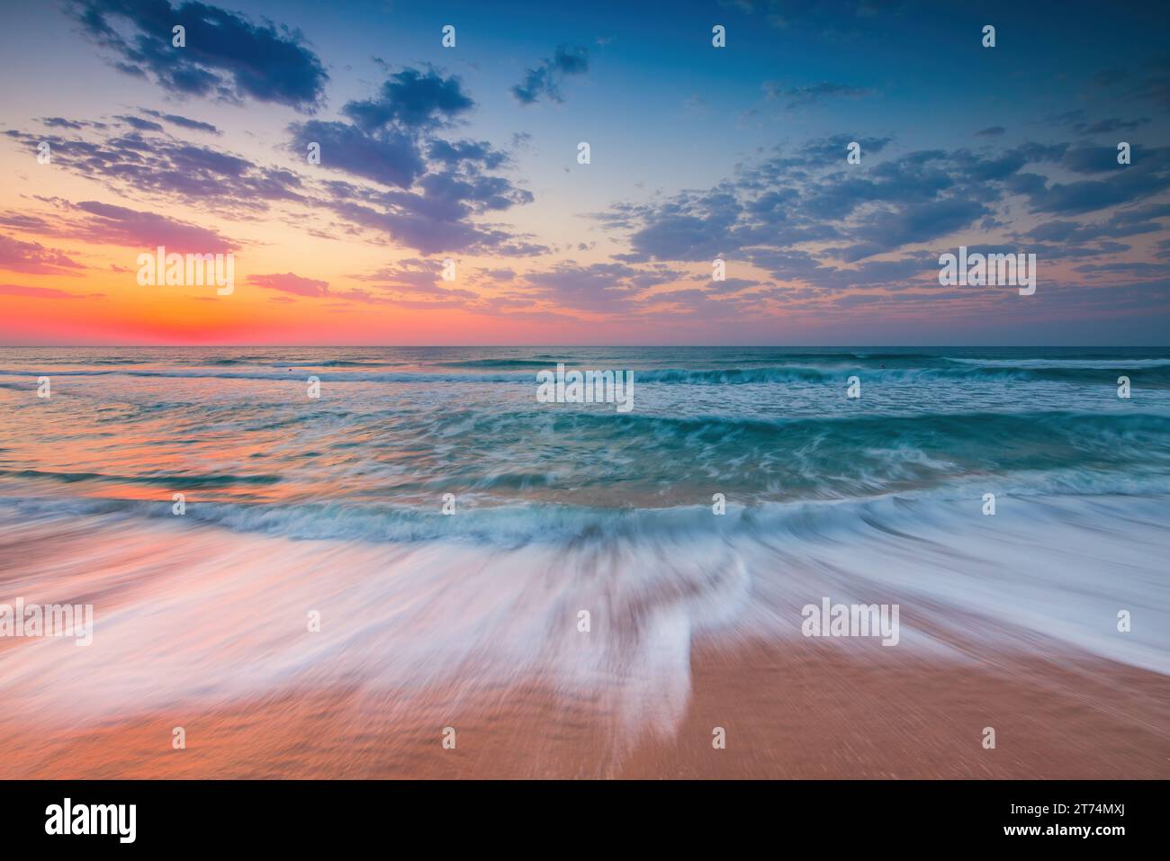 Tropical sunrise over ocean beach shore, exotic island seascape view ...
