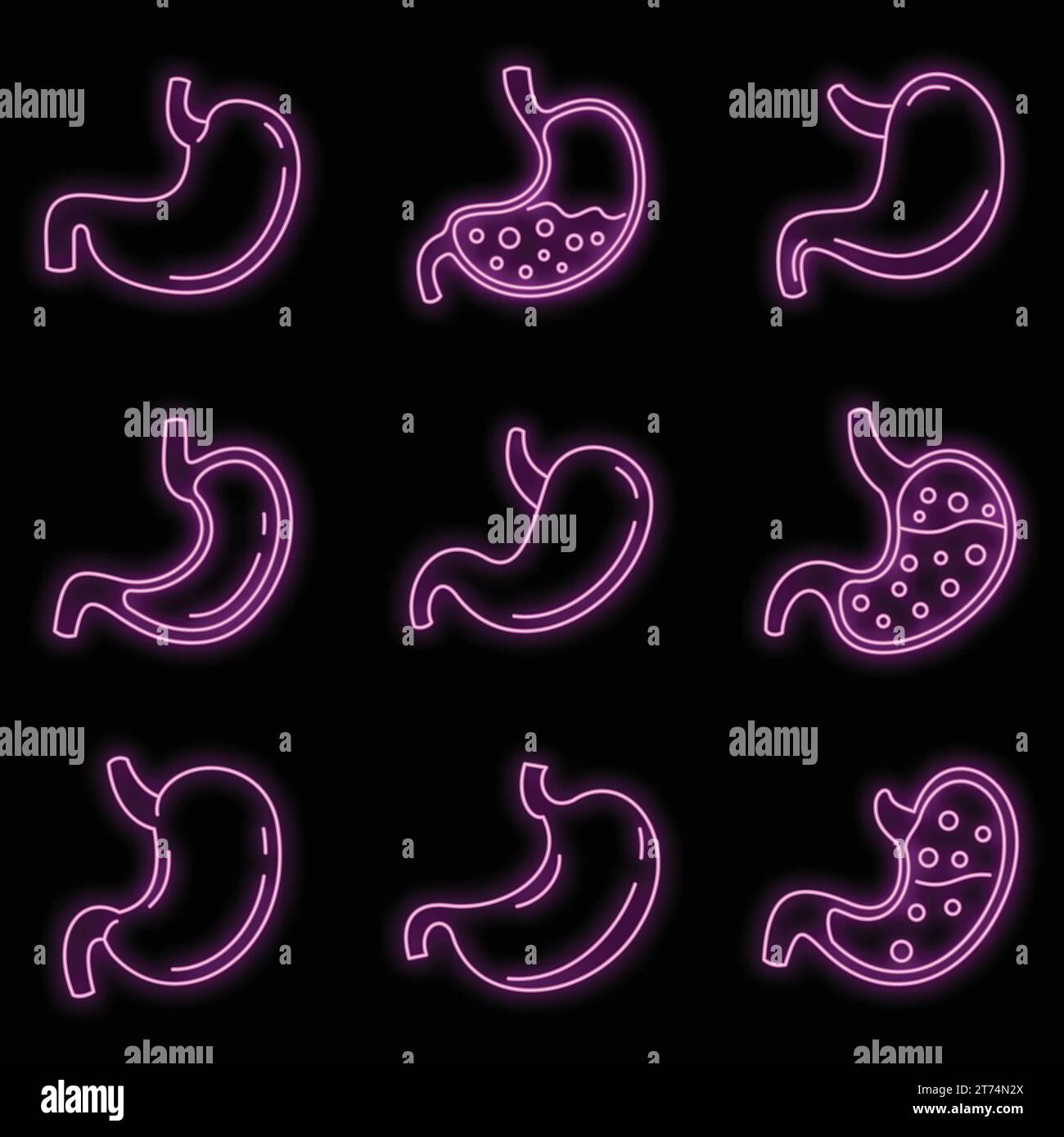 Human stomach icons set. Outline set of human stomach vector icons neon ...