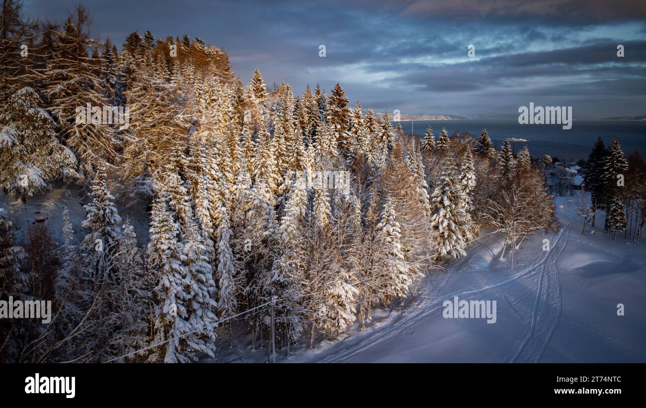 A scenic winter landscape featuring a rolling hillside covered in white ...