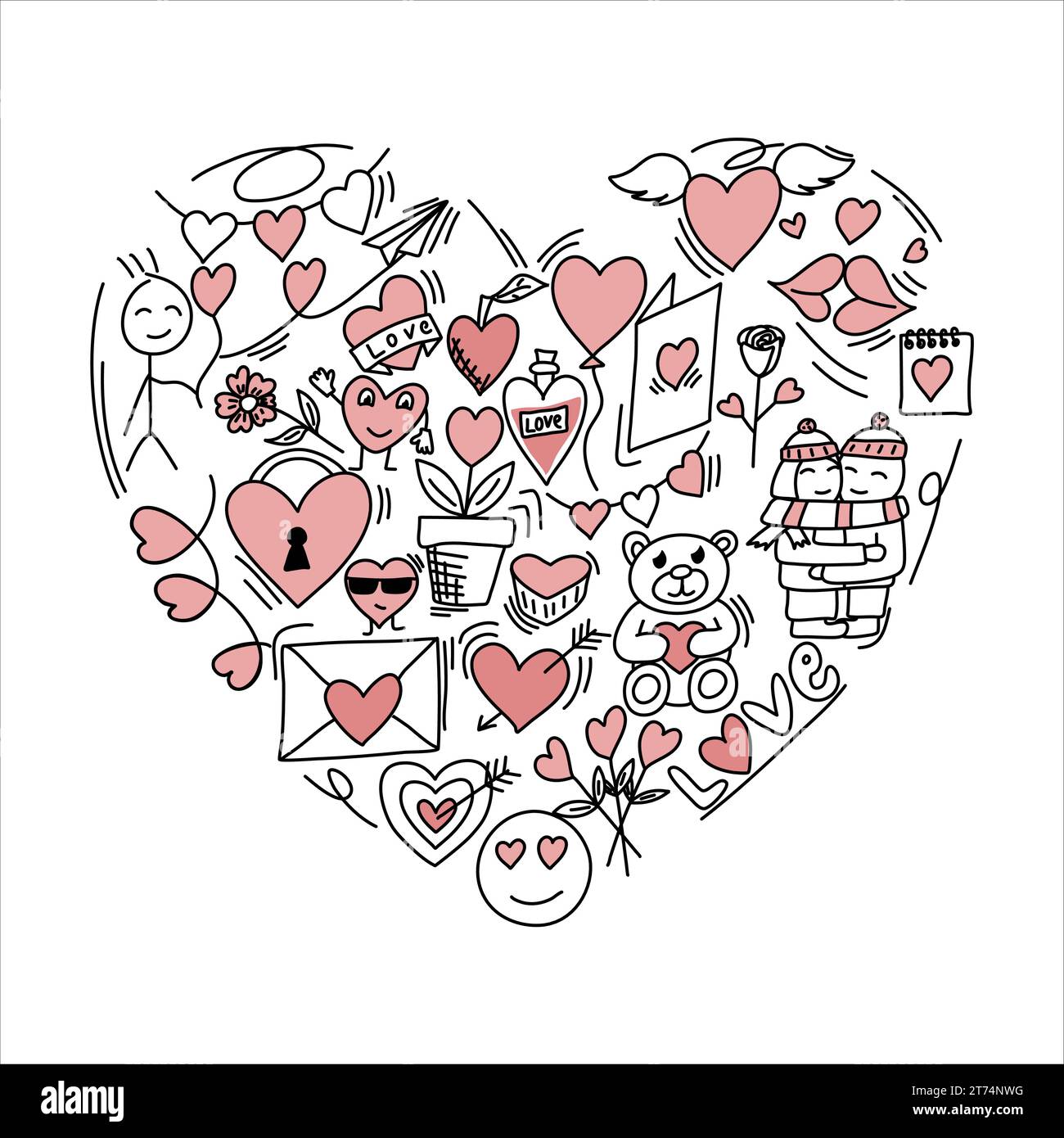 Heart-shaped romantic doodle for Valentines Day, vector illustration ...
