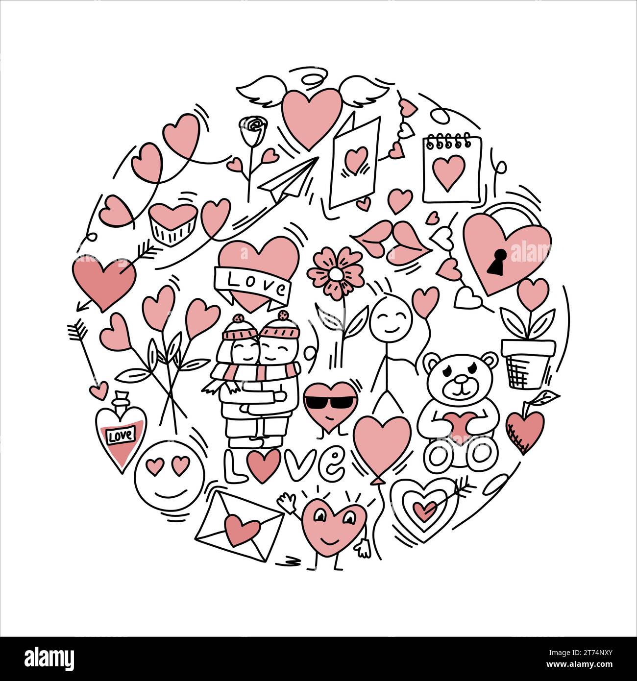 Round romantic doodle for Valentines Day, vector illustration Stock ...